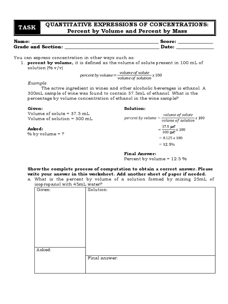 Percent by Mass and Percent by Volume Practice Exercises | PDF | Mass ...