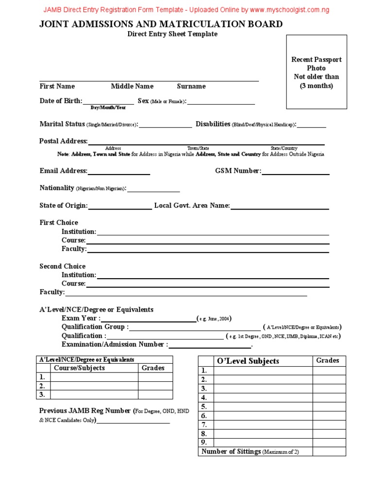 JAMB Direct Entry Registration Template | PDF | Statistics Of Education ...