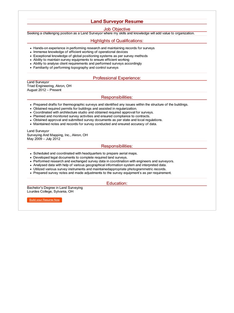 Land Surveyor Resume: Job Objective Highlights of Qualifications | PDF