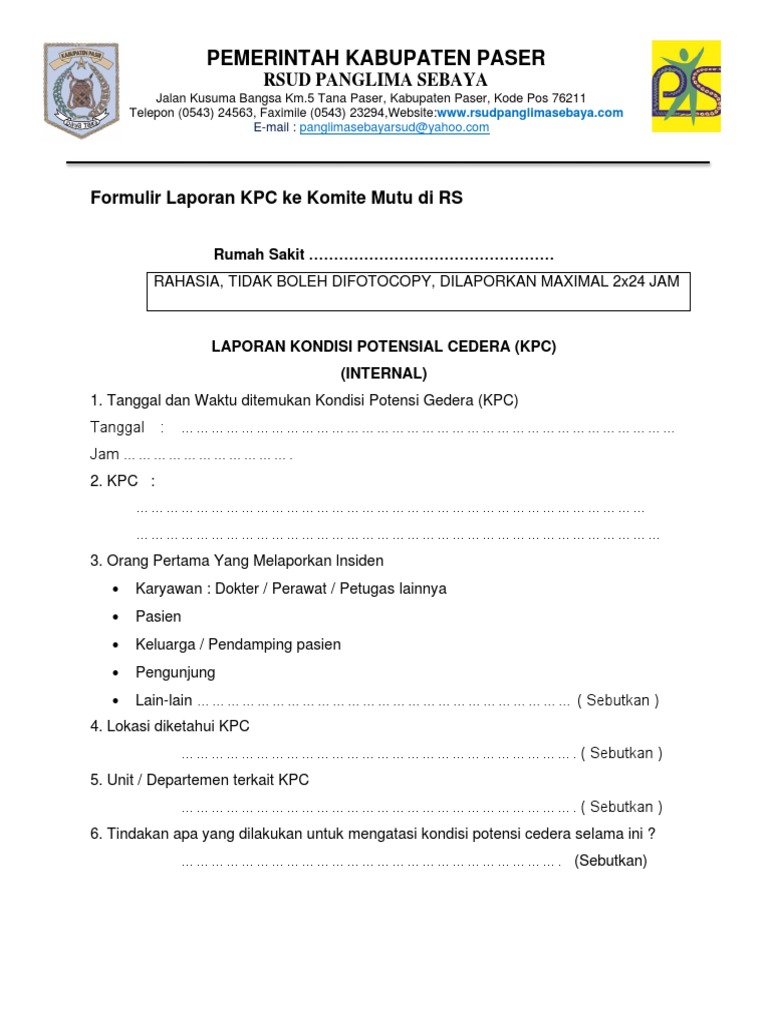 Formulir Laporan KPC KTD Di RS-1 | PDF