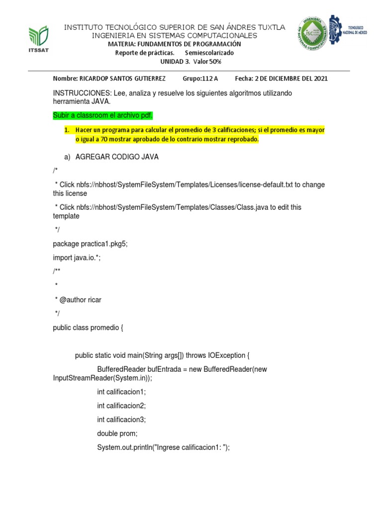 Reporte de Practica Fundamentos de Programacion Unidad 3 | PDF | Java (lenguaje de programación ...