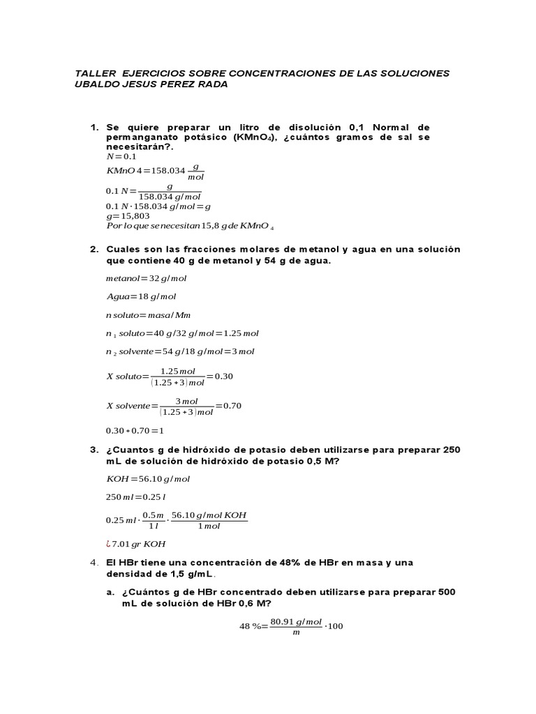 Taller Soluciones | PDF | Concentración | Ácido clorhídrico