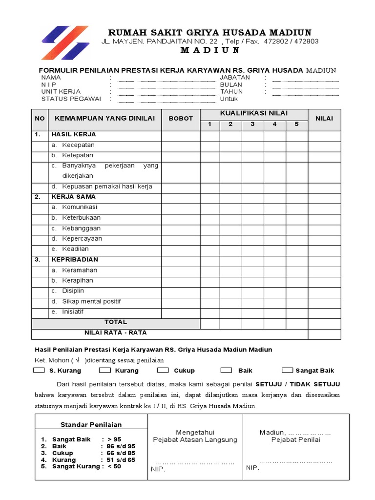 Formulir Penilaian Prestasi Kerja RS | PDF