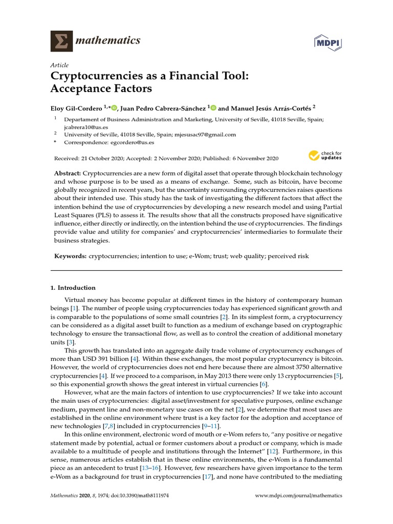 Mathematics: Cryptocurrencies As A Financial Tool: Acceptance Factors ...
