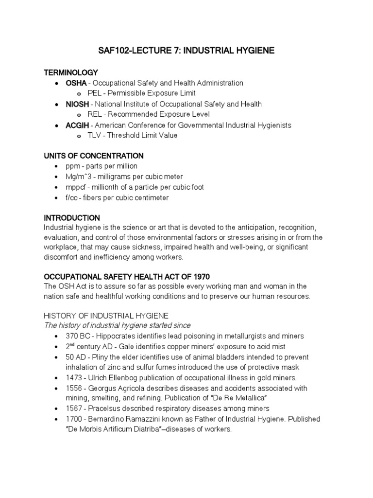 Saf102-Lecture 7: Industrial Hygiene | PDF | Occupational Hygiene ...