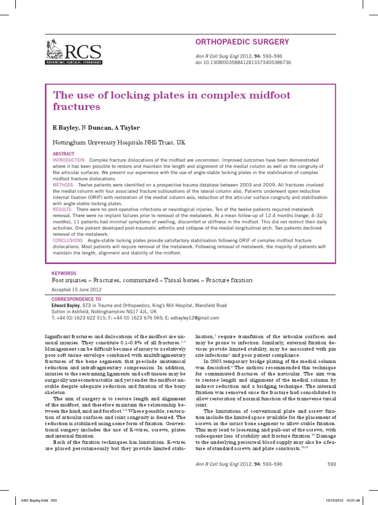 The Use of Locking Plates in Complex Midfoot Fractures: Orthopaedic ...