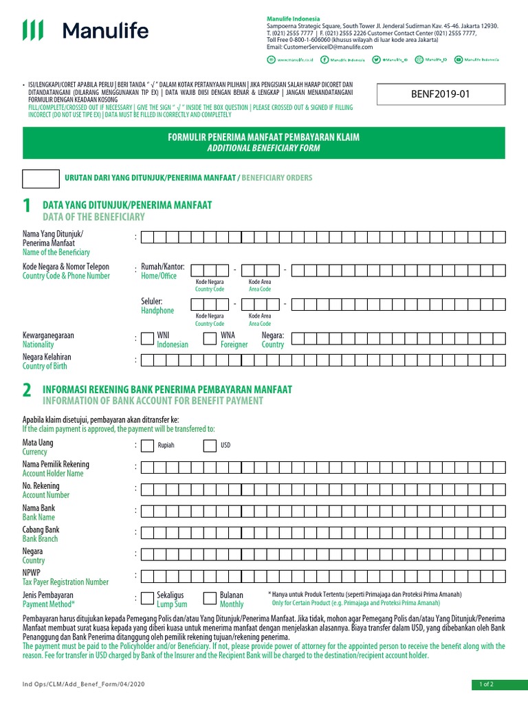 Formulir Penerima Manfaat Pembayaran Klaim - Asuransi Individu | PDF