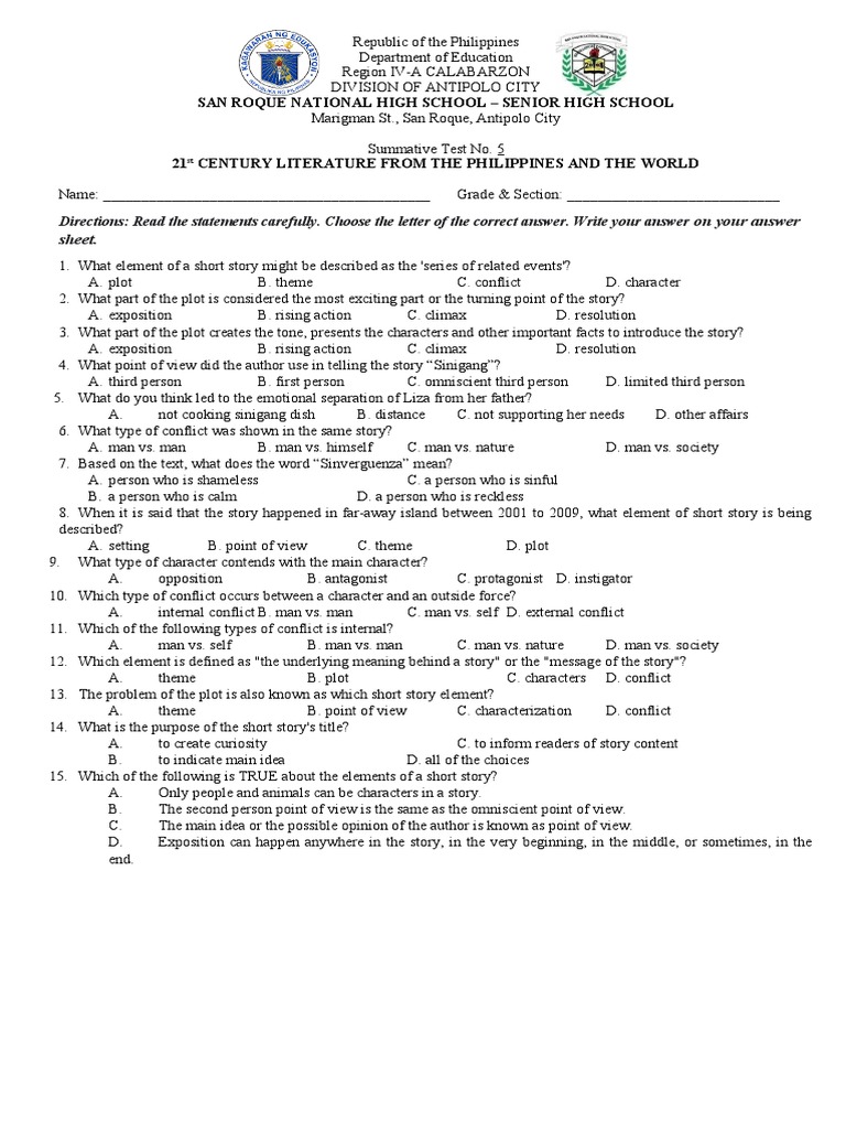 On Your Answer Sheet.: San Roque National High School - Senior High ...