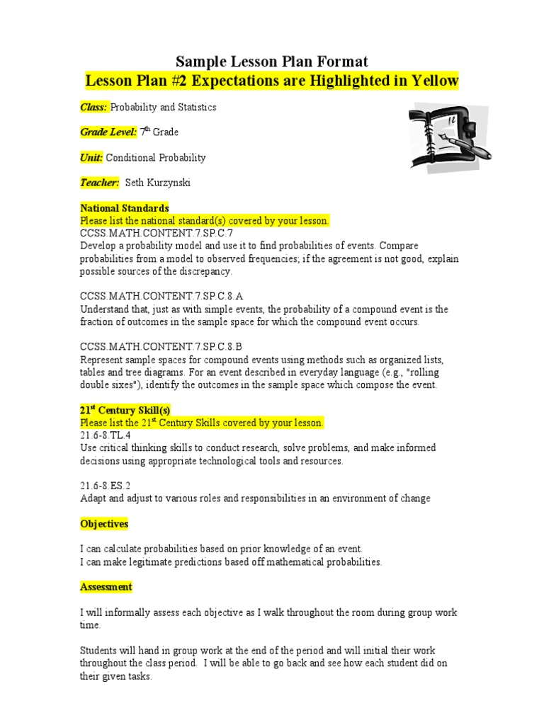 Sample Lesson Plan Format Lesson Plan #2 Expectations Are Highlighted ...