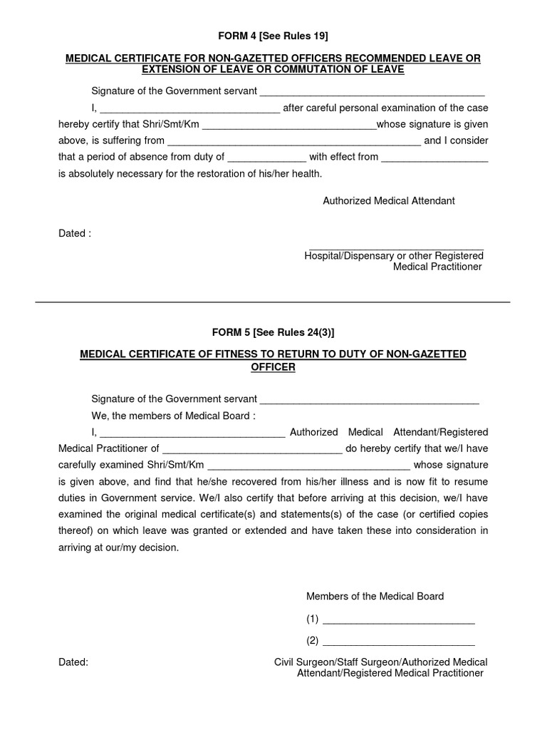 FORM 4 (See Rules 19) Medical Certificate For Non-Gazetted Officers ...