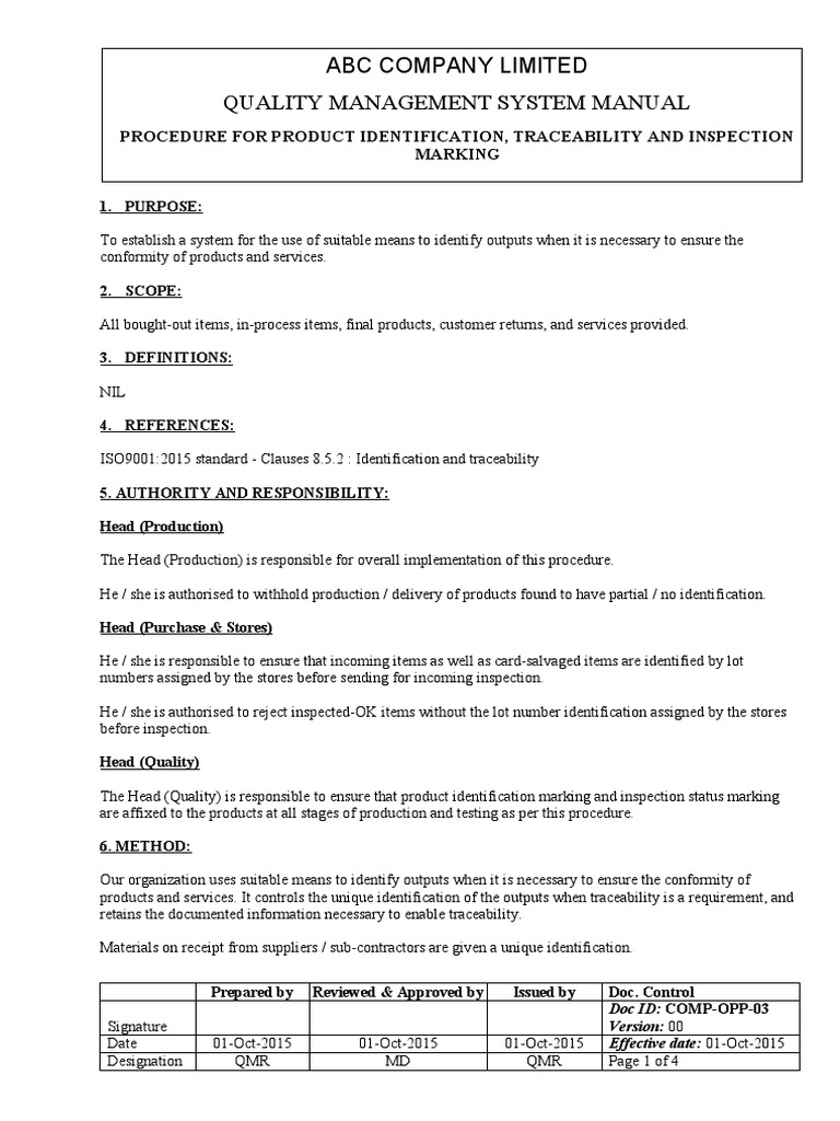 Product Identification and Traceability Procedure | PDF | Iso 9000 ...