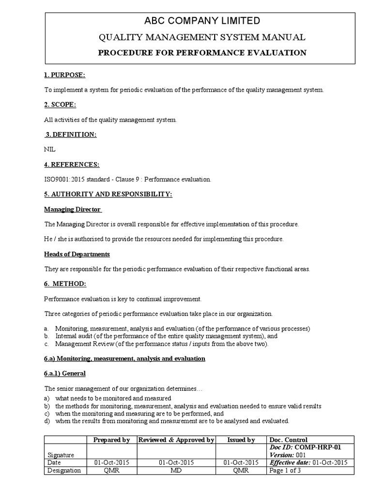 Abc Company Limited Quality Management System Manual: Procedure For ...
