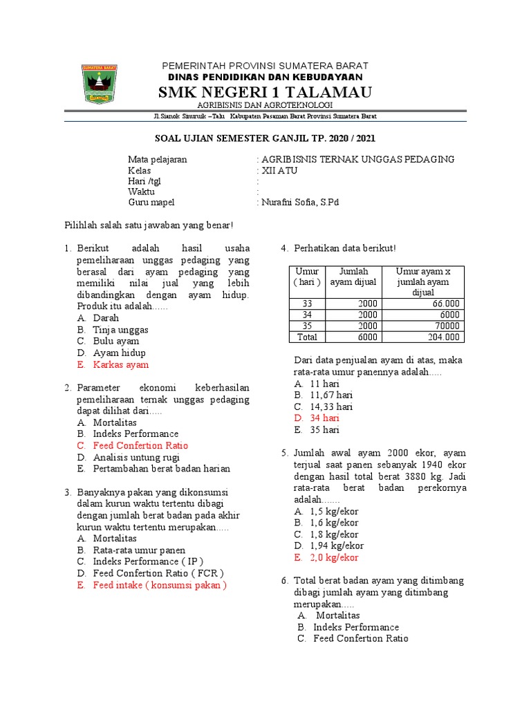 Soal Ternak Unggas Pedaging Xii Atu | PDF