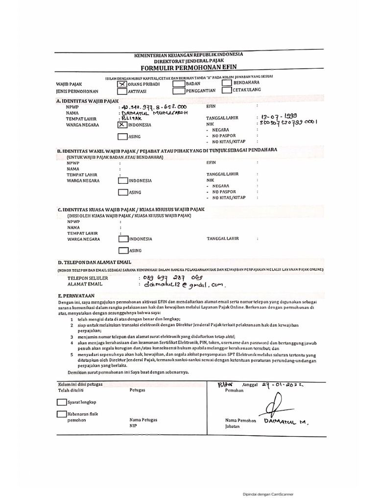 Form Permohonan Efin. Daimatul | PDF