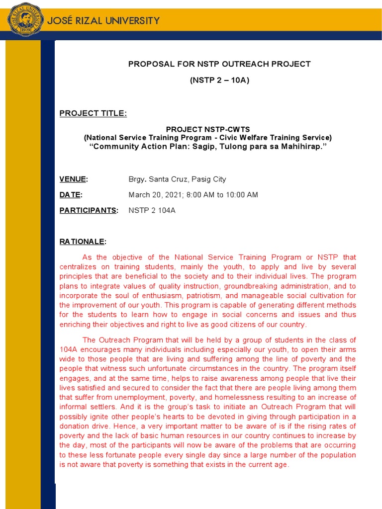 Proposal For NSTP Outreach Project (NSTP 2 - 10A) | Download Free PDF ...