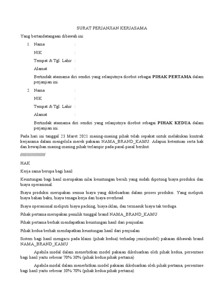 Surat Perjanjian Kerjasama Konveksi Pdf