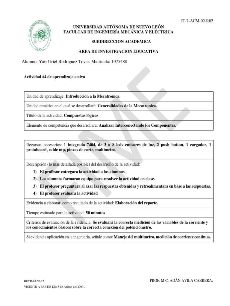 Practica 4 7404 - 1975488 - Intro. Meca | PDF | Circuito integrado | Puerta lógica