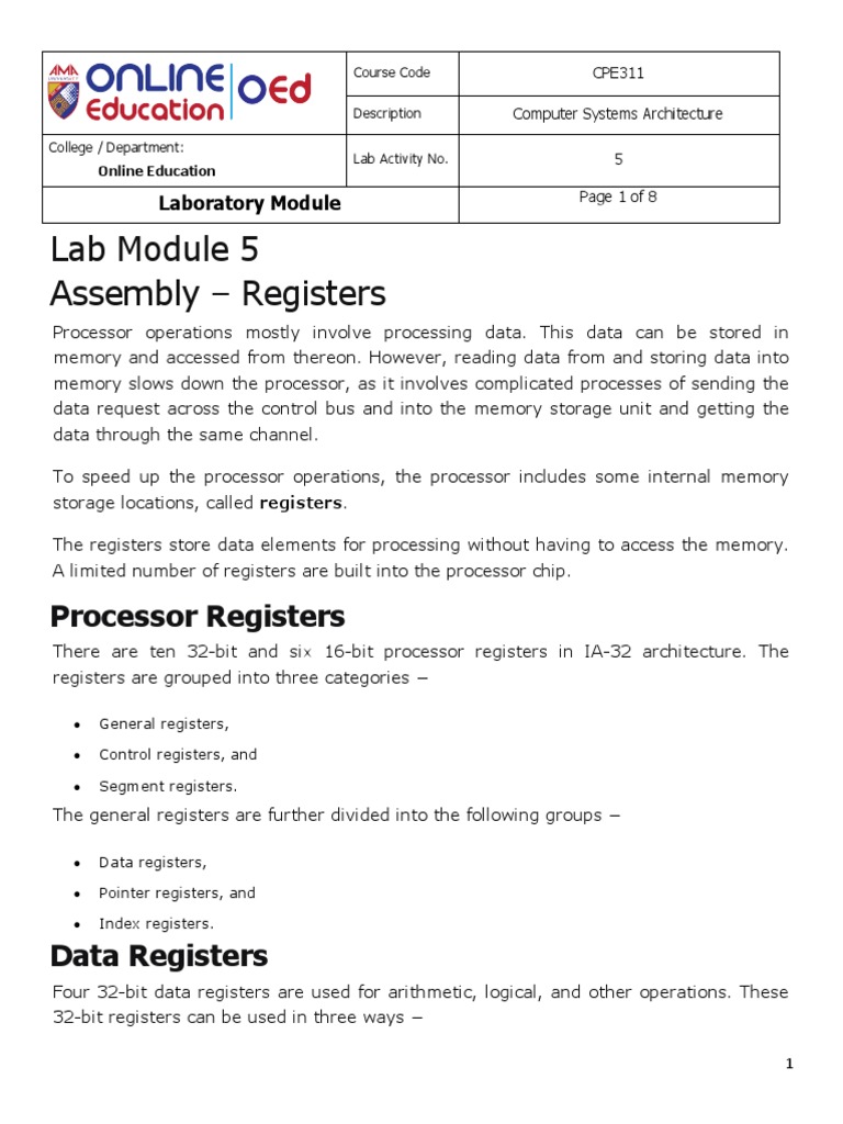 Lab Module 5 Assembly - Registers | PDF | Pointer (Computer Programming) | Computer Programming