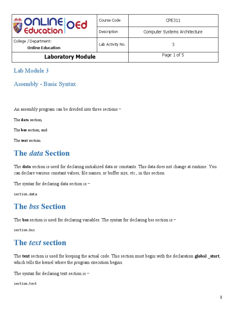 The Data Section: Lab Module 3 Assembly - Basic Syntax | PDF | Assembly Language | Software