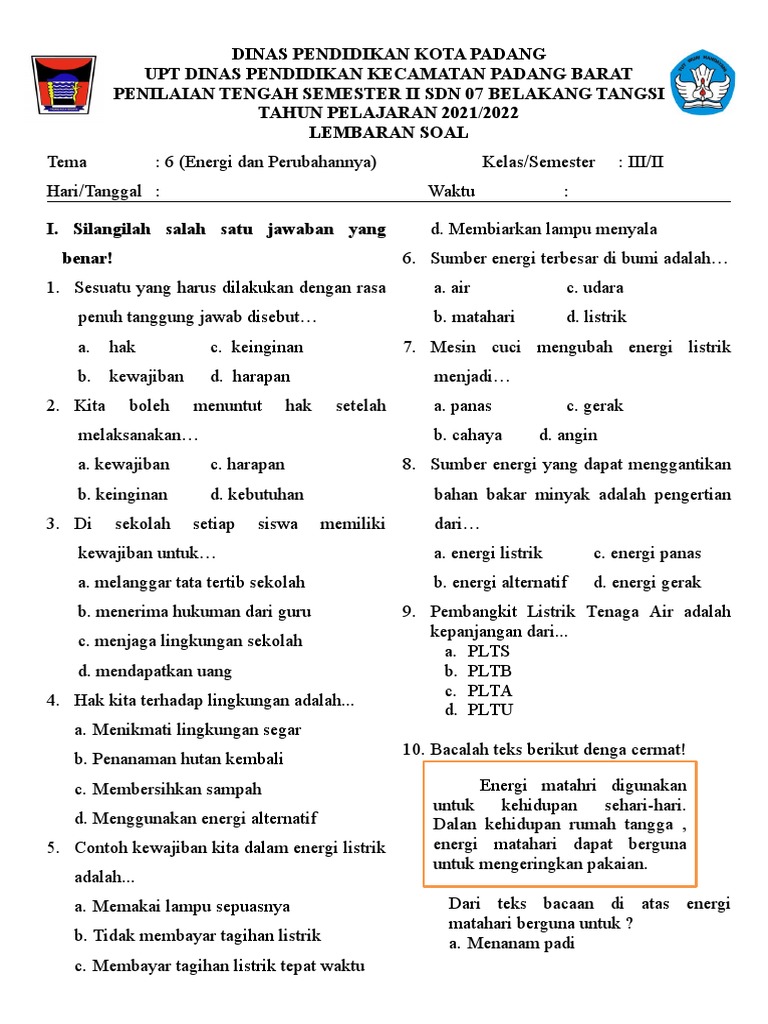 Soal Mid Semester 2 Tema 6 | PDF
