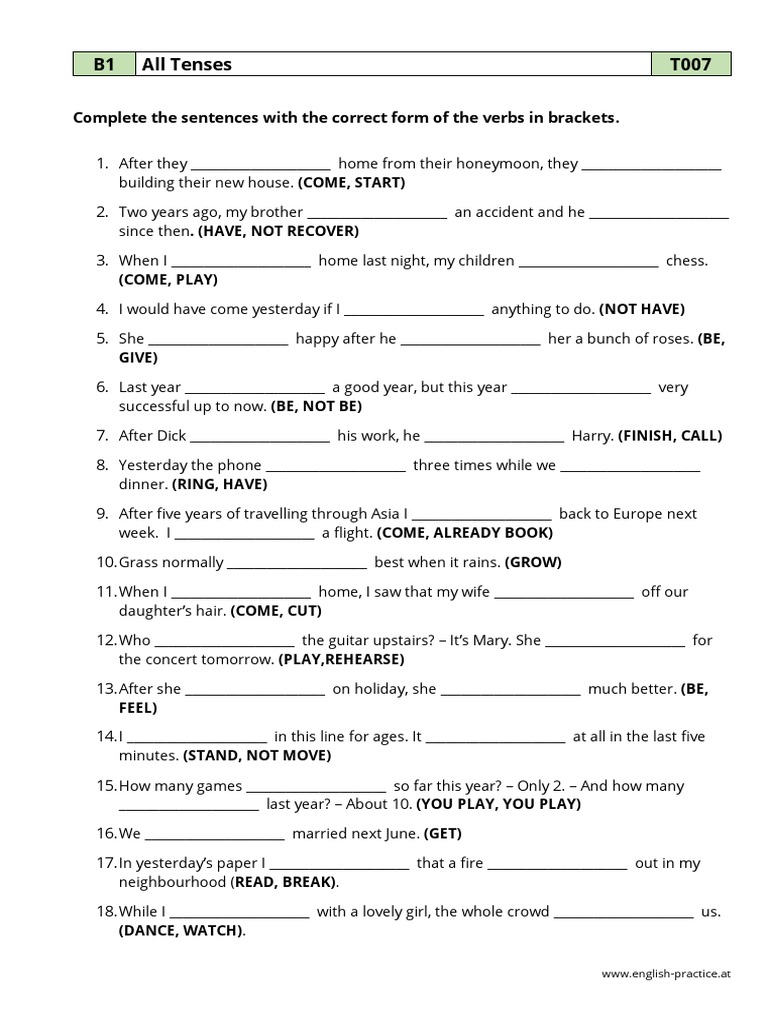 All Tenses - PDF Grammar Worksheet - B1 - T007 | PDF