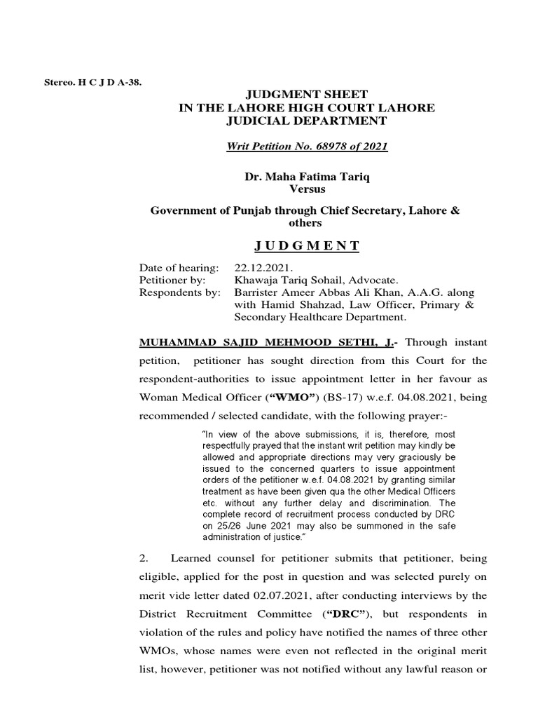 Judgment Sheet in The Lahore High Court Lahore Judicial Department ...