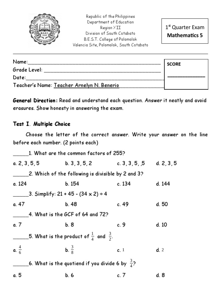 Grade 5 First Quarter Math Exam | PDF | Test (Assessment) | Multiple Choice