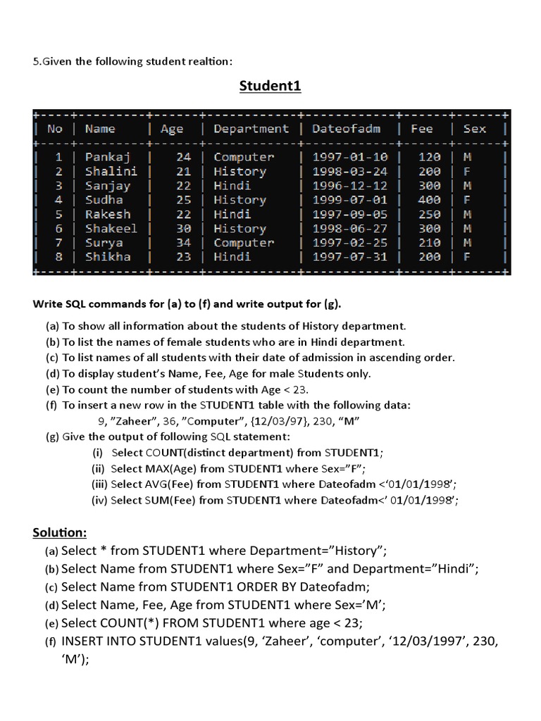 Student1: Write SQL Commands For (A) To (F) and Write Output For (G) | PDF Student1: Write SQL Commands For (A) To (F) and Write Output For (G) | PDF