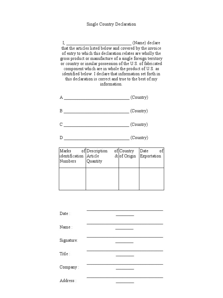 Single Country Declaration | PDF