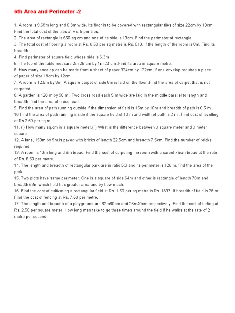 6th Area and Perimeter Worksheet 2 | PDF | Home & Garden | Science ...