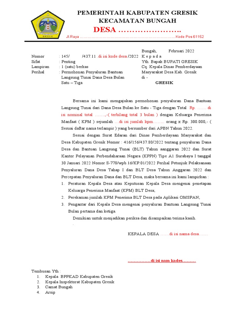 Template Surat Pengantar BLT (1,2 Dan 3) Ok | PDF