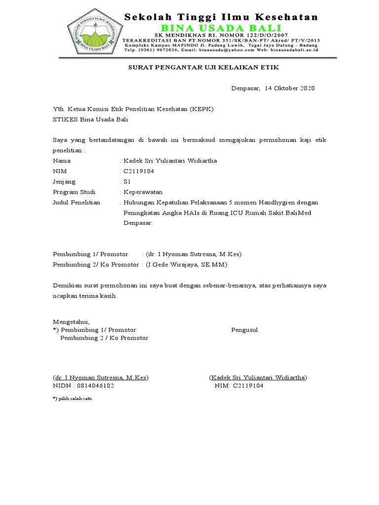 SURAT PENGANTAR ETIK Mahasiswa STIKES BINUS | PDF