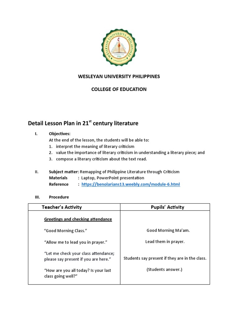 Detail Lesson Plan in 21st Century Literature | PDF | Criticism ...