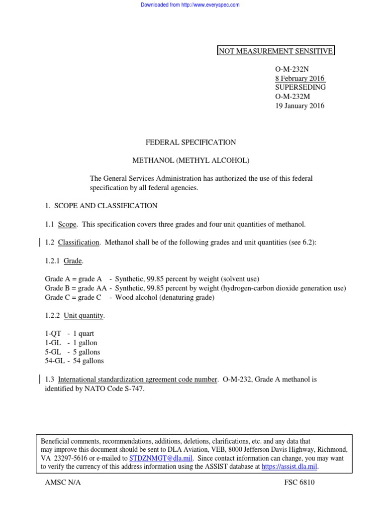 Federal Specification for Methanol Grades | PDF | Methanol ...