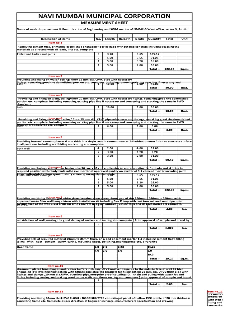 Construction Measurement Sheet | PDF | Pipe (Fluid Conveyance) | Concrete
