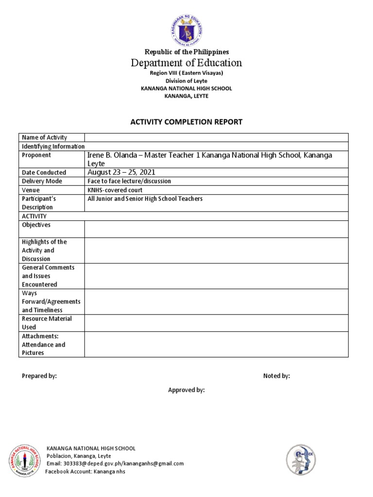 Department of Education: Activity Completion Report | PDF | Wellness