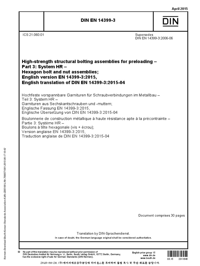 Din en 14399-3 - 2015 | PDF | Screw | Nut (Hardware)
