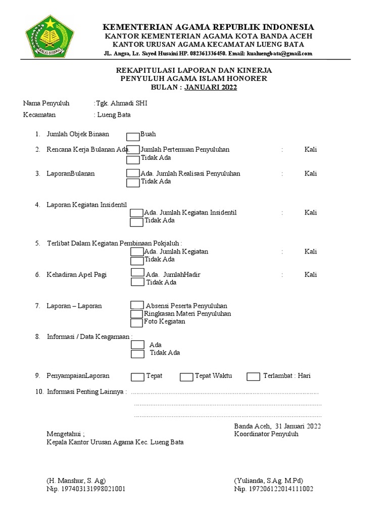 Rekapitulasi Laporan Dan Kinerja Penyuluh Non PNS 2020 | PDF
