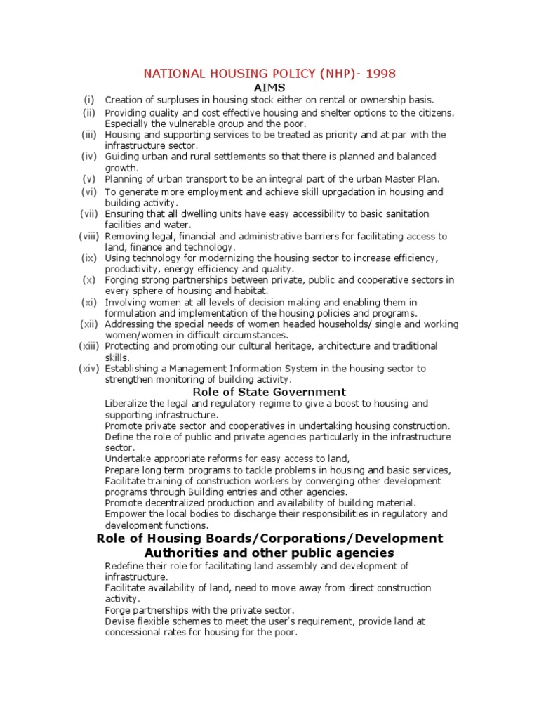 National Housing Policy (NHP) - 1998 | PDF | Infrastructure | Public ...