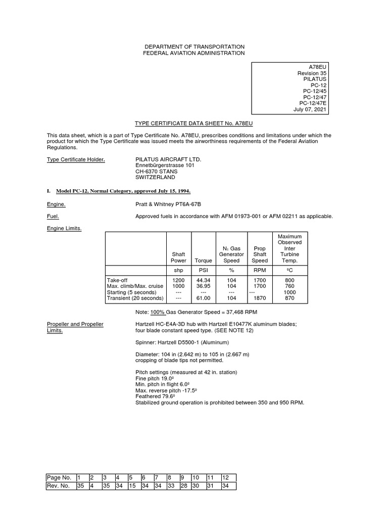 I. Model PC-12, Normal Category, Approved July 15, 1994 | PDF | Flight ...