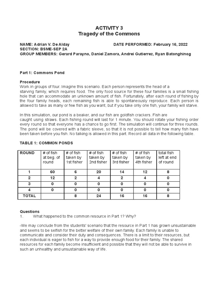 Activity 3 Tragedy of The Commons | PDF | Fisherman | Overfishing