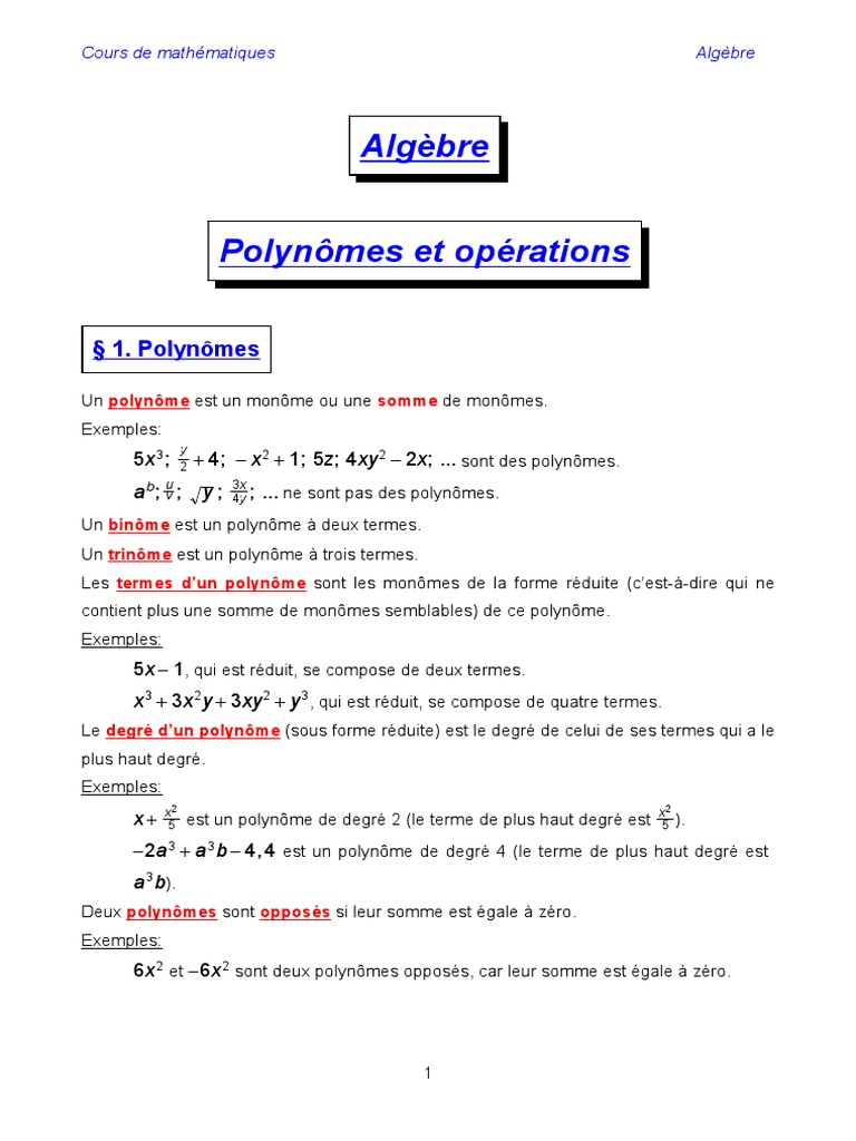 Comprendre les polynômes en algèbre | PDF | Polynôme | Multiplication