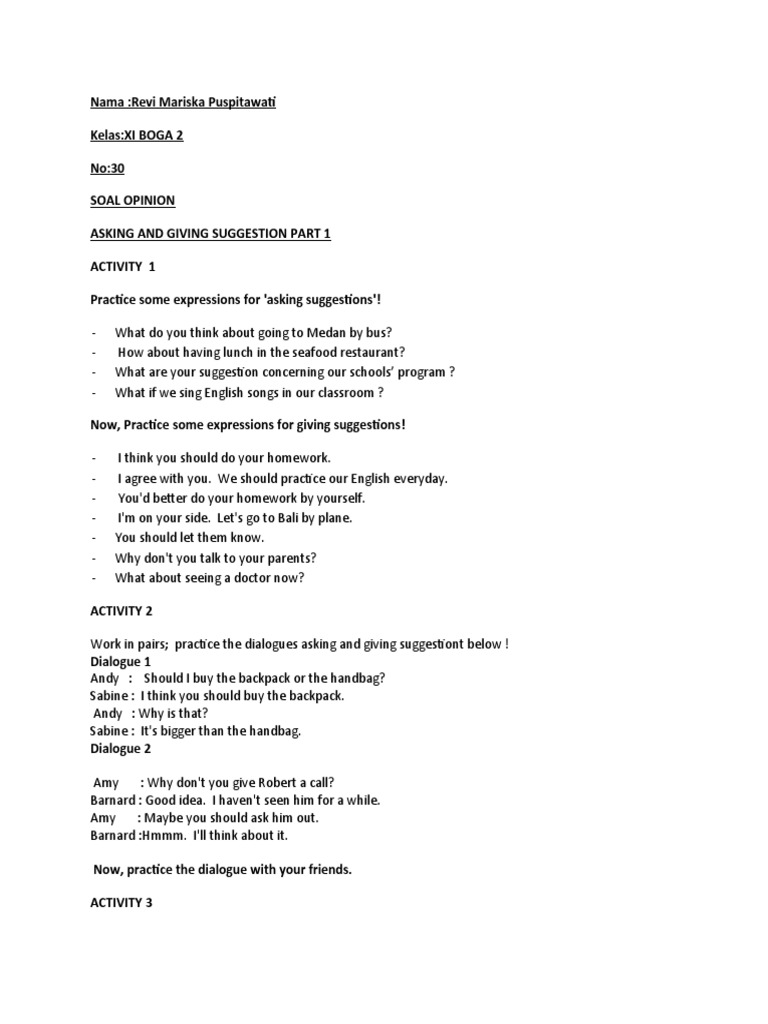 Asking and Giving Suggestions Practice | PDF | Food And Drink