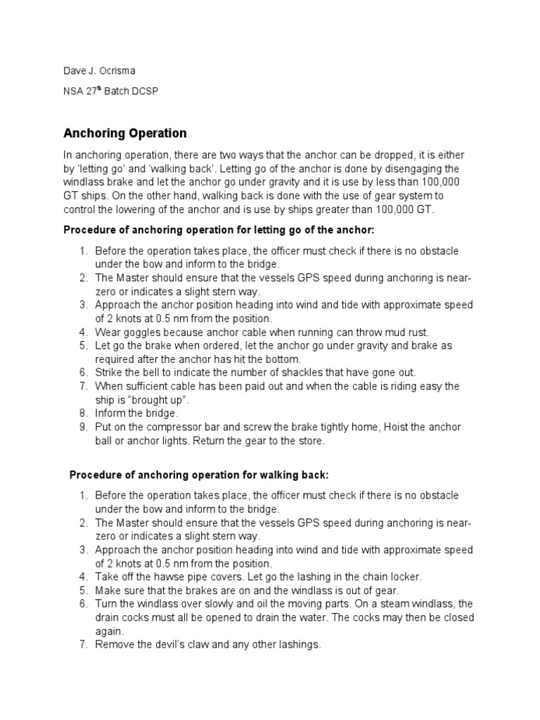 Anchoring Operation Procedures Explained | PDF | Anchor | Watercraft