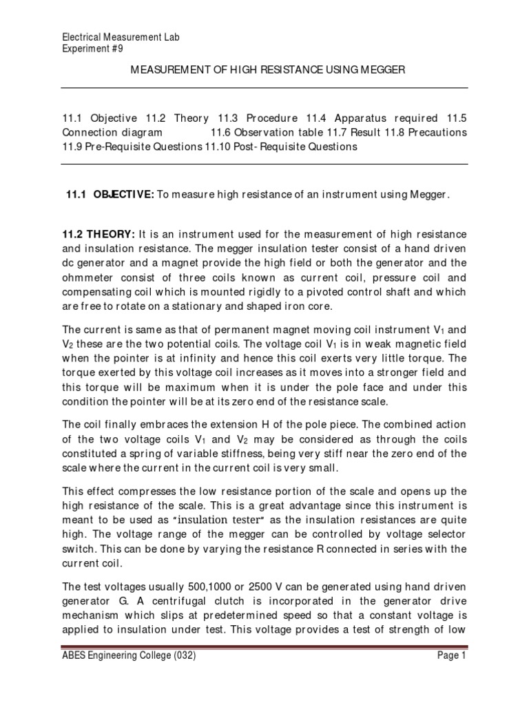 Measurement Of Insulation Resistance By Megger Pdf Inductor