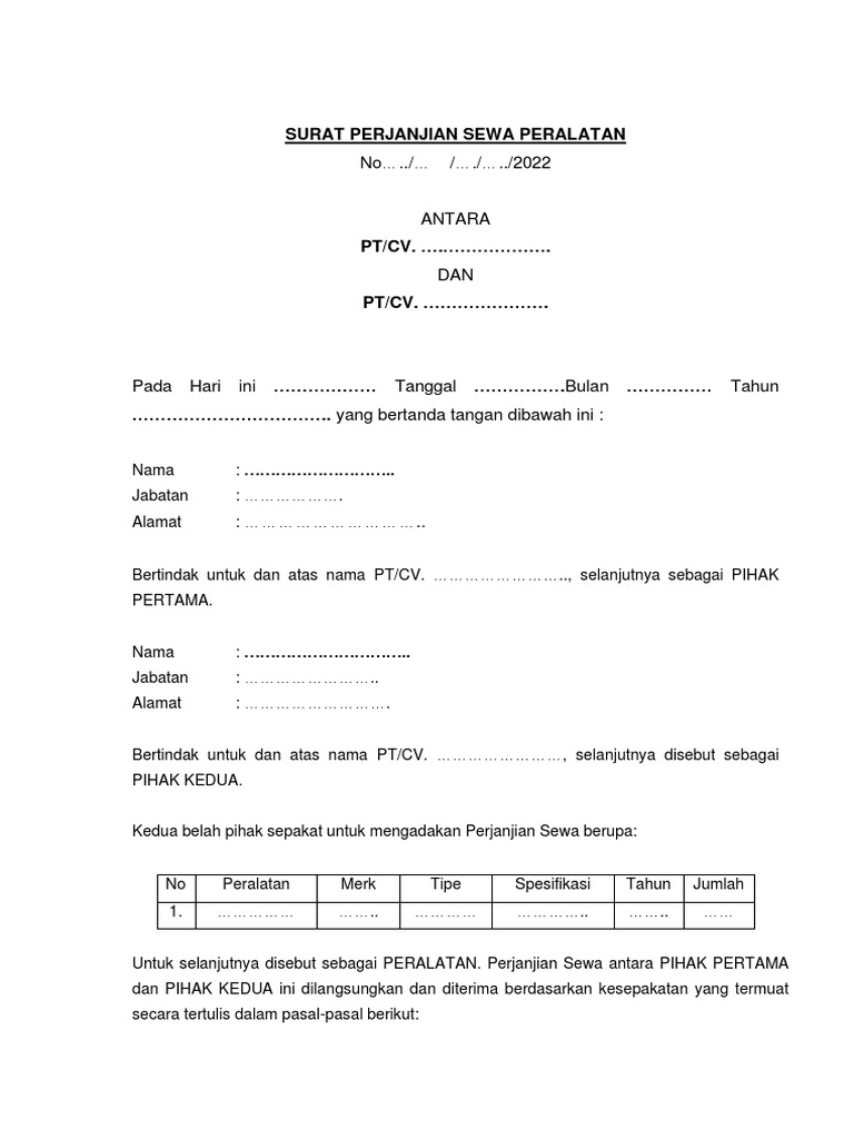 Draft Surat Perjanjian Sewa Peralatan | PDF