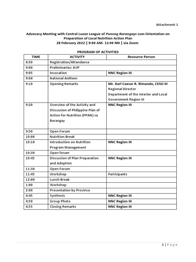 Tentative Program of Activities | PDF