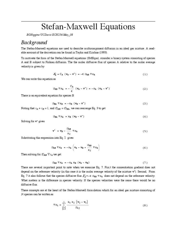 Stefan-Maxwell Equations: Background | PDF | Diffusion | Transport Phenomena