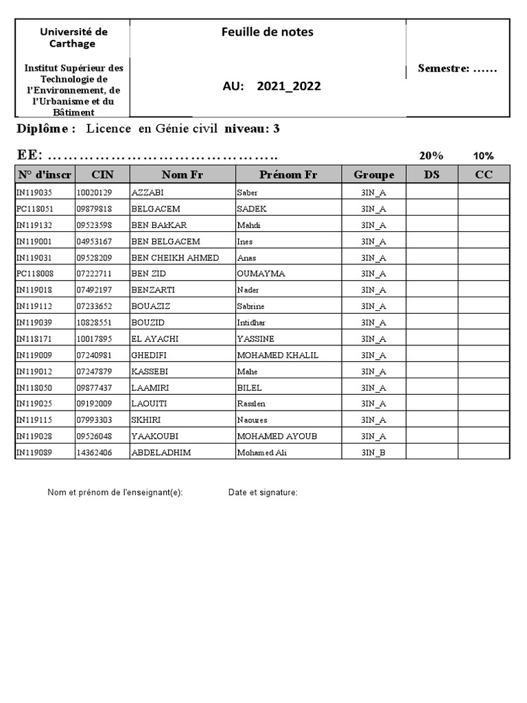 Feuille de Notes 3IN 2021 - 2022 | PDF
