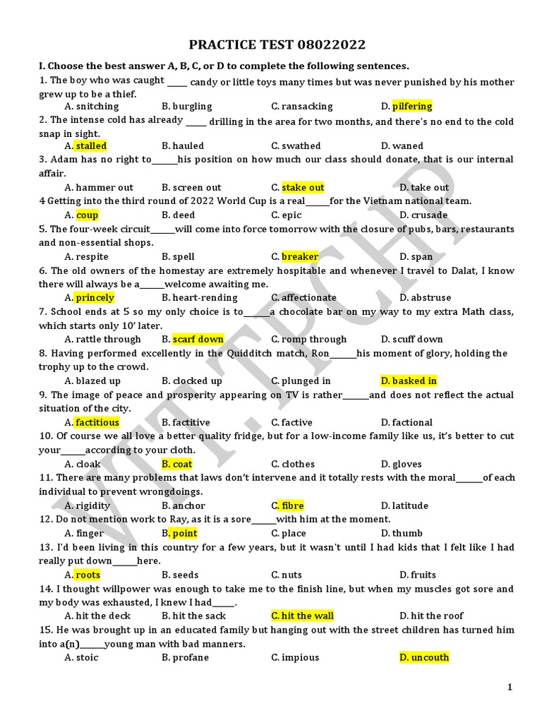 PRACTICE TEST 08022022: I. Choose The Best Answer A, B, C, or D To ...